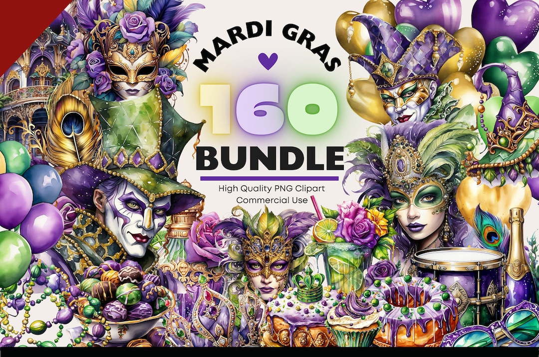 Mardi Gras Clipart Bundle, Watercolor Carnival PNG Illustrations, New ...