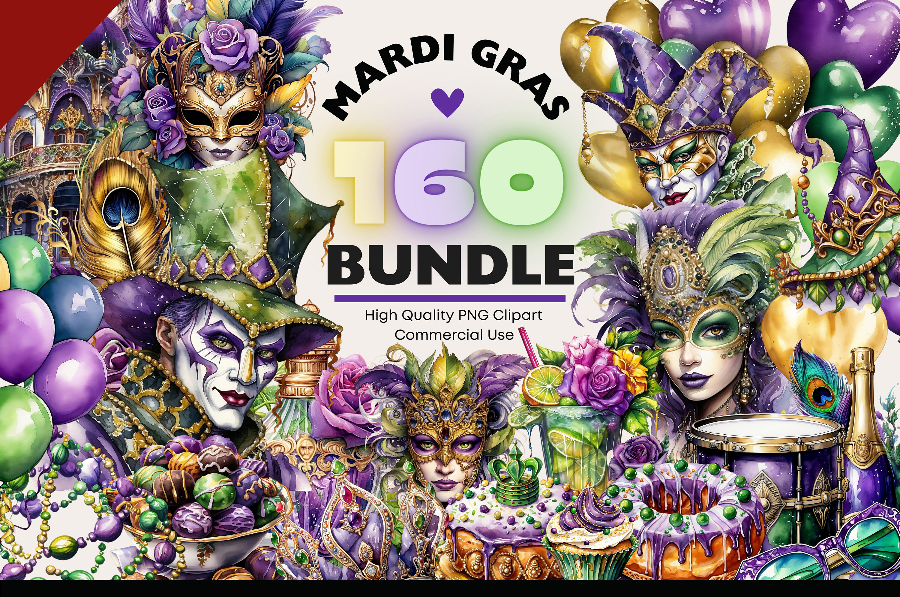 Mardi Gras Clipart Bundle, Watercolor Carnival PNG Illustrations, New ...