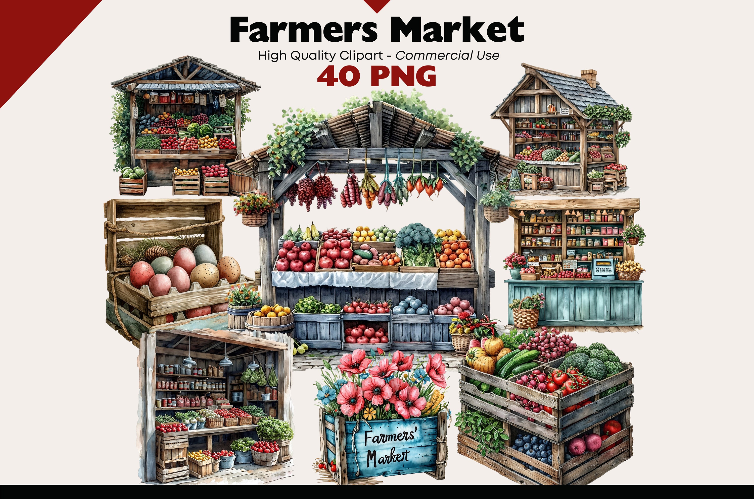 Farmers Market Clipart Bundle, Spring Market Watercolor, Farm Printable ...