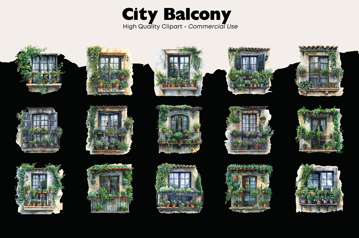 City Balcony Clipart Bundle, Urban Balcony Watercolor, Green Window ...