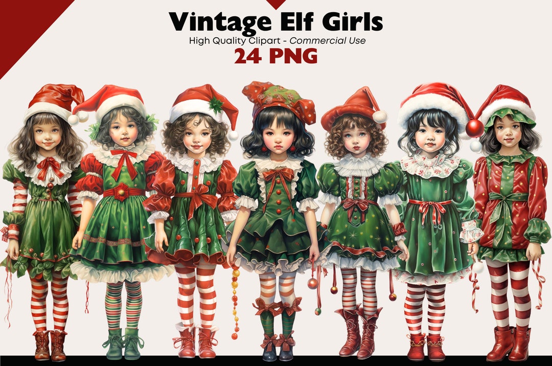 Christmas Elf Girls Clip Art Bundle, Santa's Little Helper PNG, Vintage ...