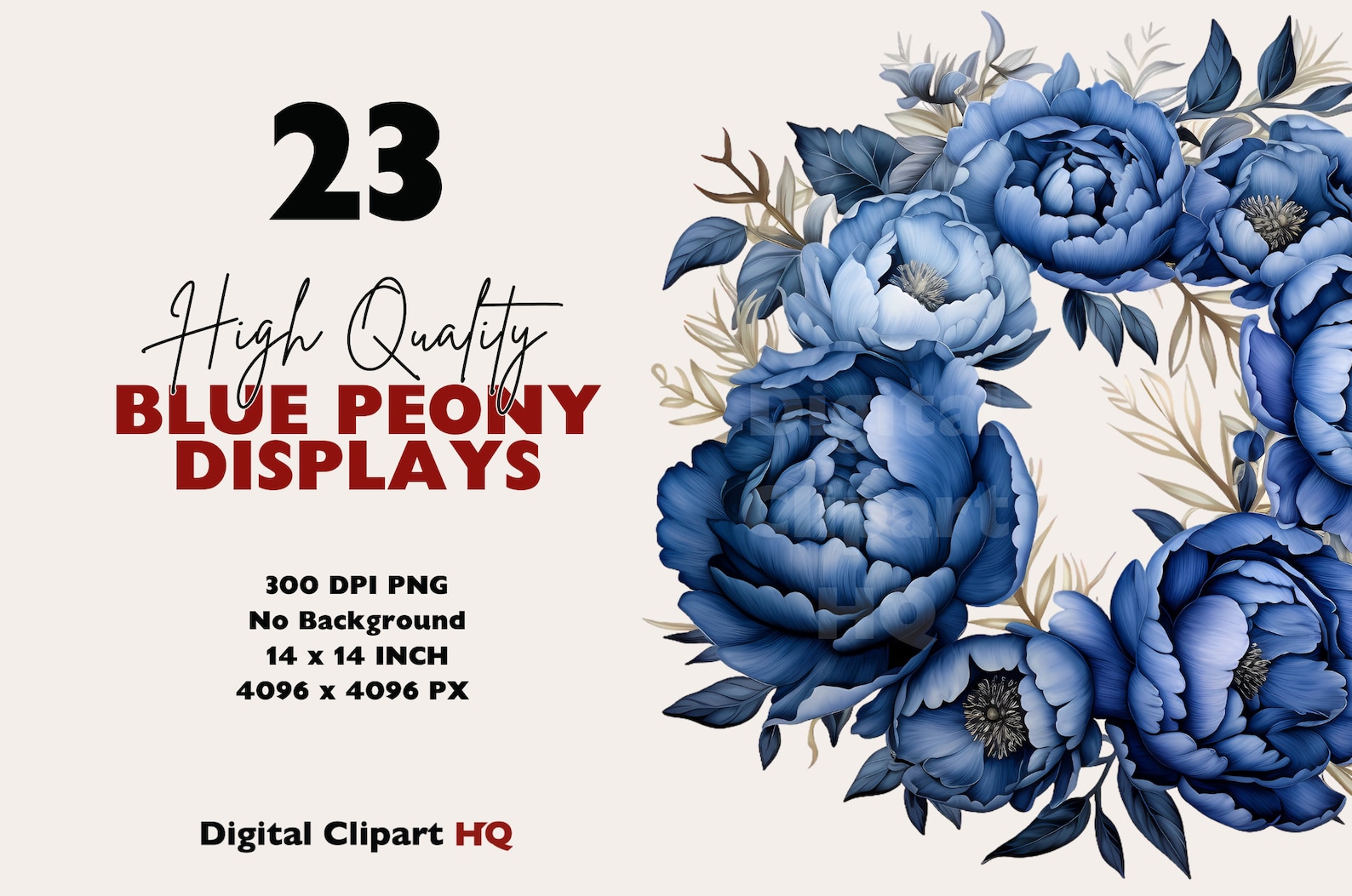 Blue Peony Clipart Bundle, Watercolor Peonies Clipart Graphics Set ...