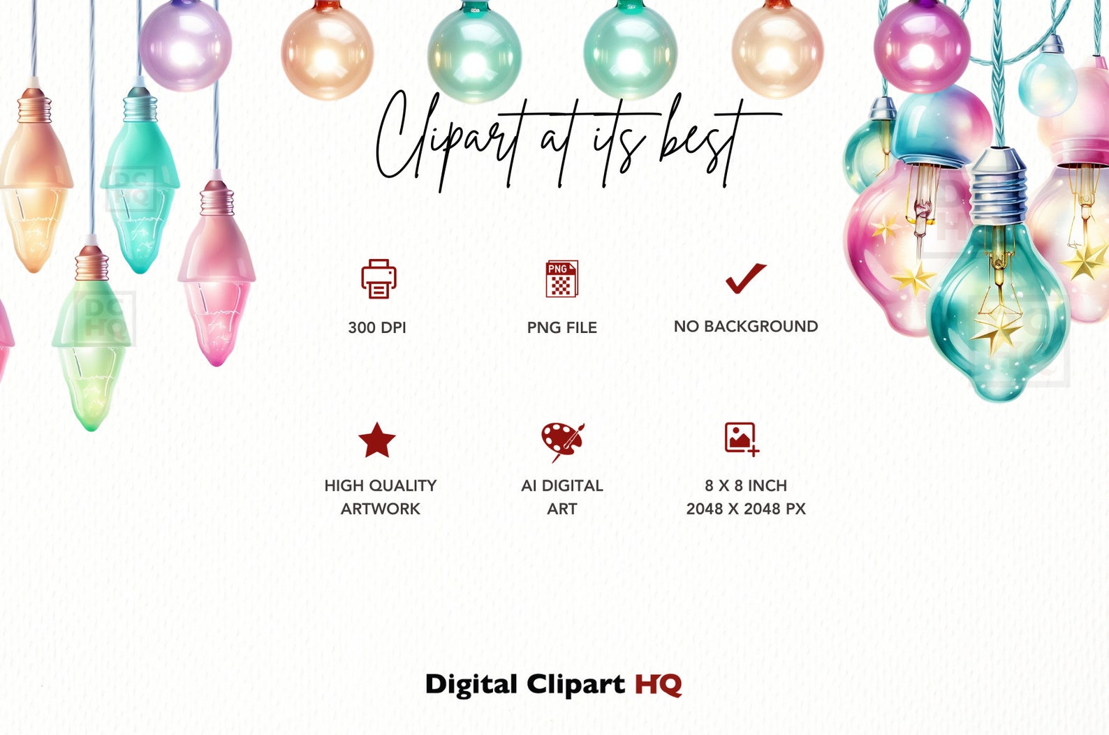 Christmas Lights Clipart, Pastel Light String PNG Bundle, Neon Light ...