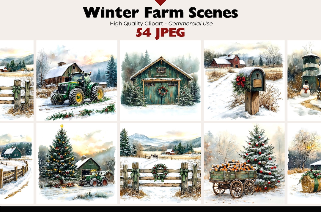 Winter Farm JPEG Clipart Christmas Barn Scene Village Watercolor ...