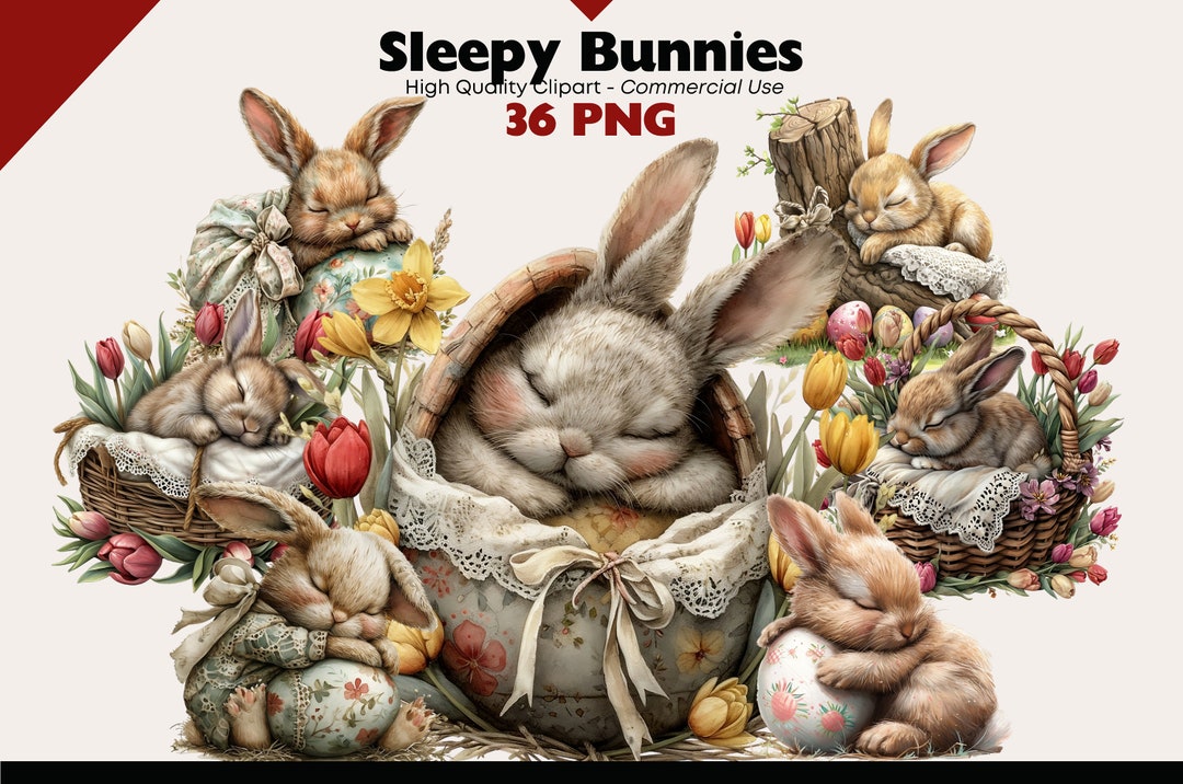 Sleepy Bunny Clipart Bundle, Nursery PNG Bunny Watercolor, Farmhouse ...