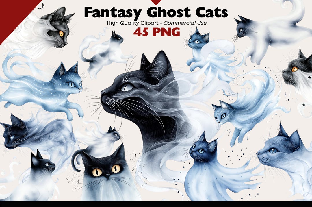 45 Fantasy Ghost Cats Clipart Flying Cat PNG Transparent Background ...
