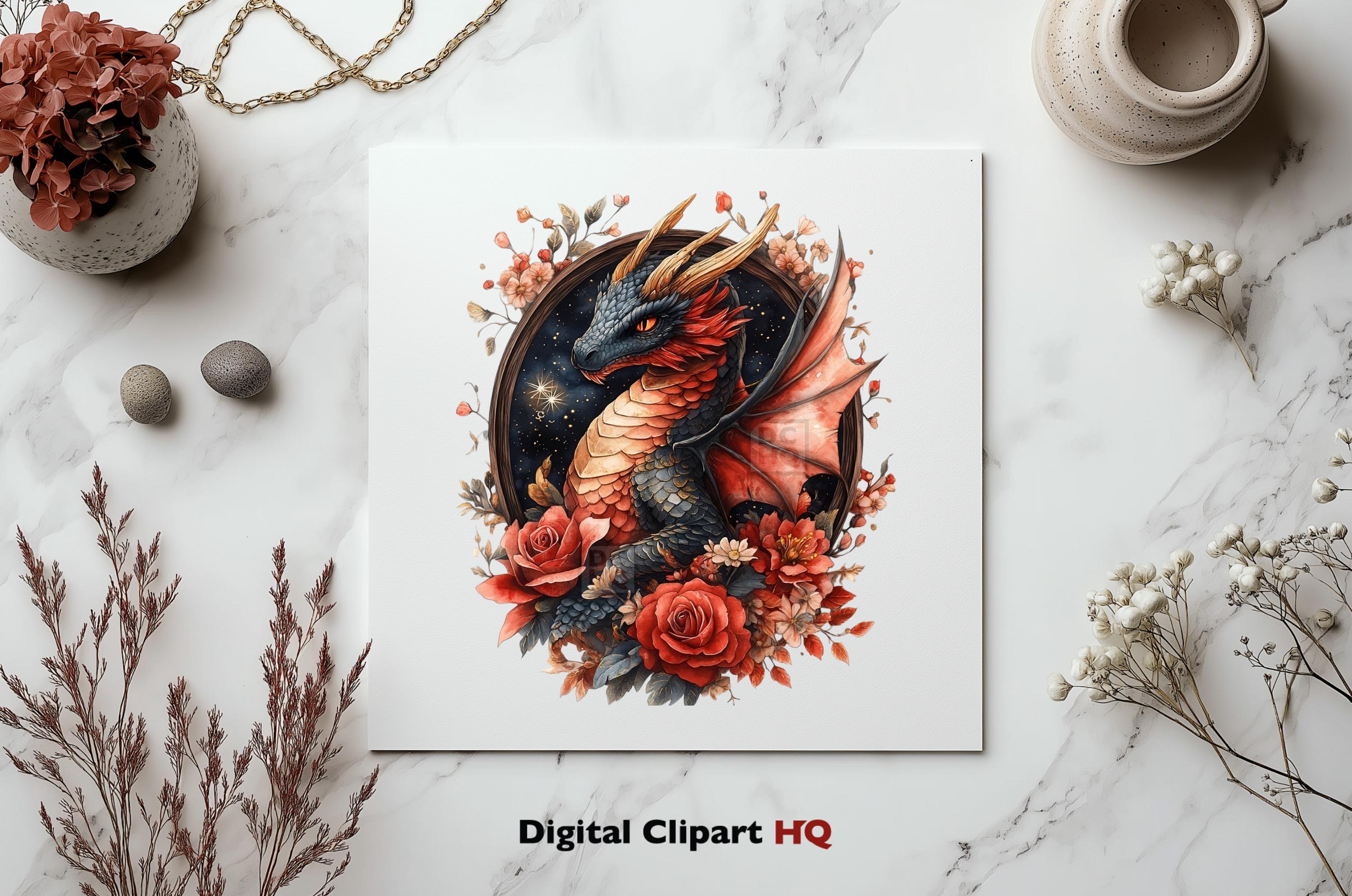 Floral Dragon Fame Clipart Bundle Fantasy Animals Digital Download PNG ...