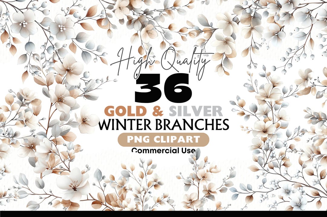 Gold Winter Branch Clipart Bundle Watercolor Silver Berry Branch PNG ...