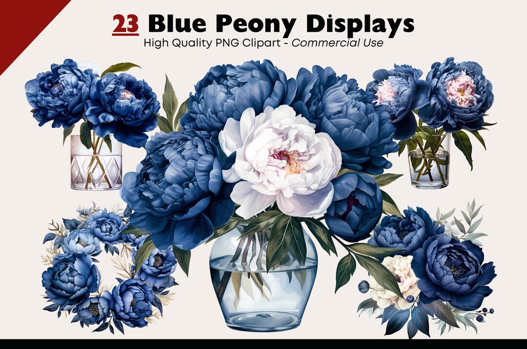 Blue Peony Clipart Bundle, Watercolor Peonies Clipart Graphics Set ...