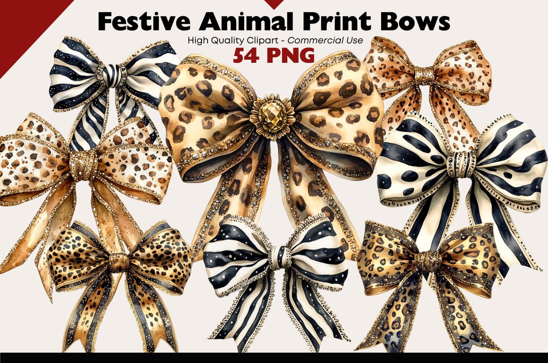Animal Print Bow Clipart, Leopard Ribbon PNG, Festive Holiday Bows ...