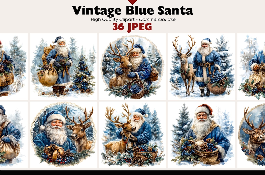 Blue Santa With Reindeer Clipart Bundle Snowy Landscapes Graphics ...