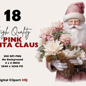 Pink Santa Clip Art, Watercolor Santa PNG, Retro Santa and Roses ...