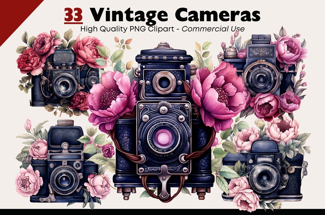 Vintage Camera Clipart Set, Floral Blue Camera Watercolor Clipart ...