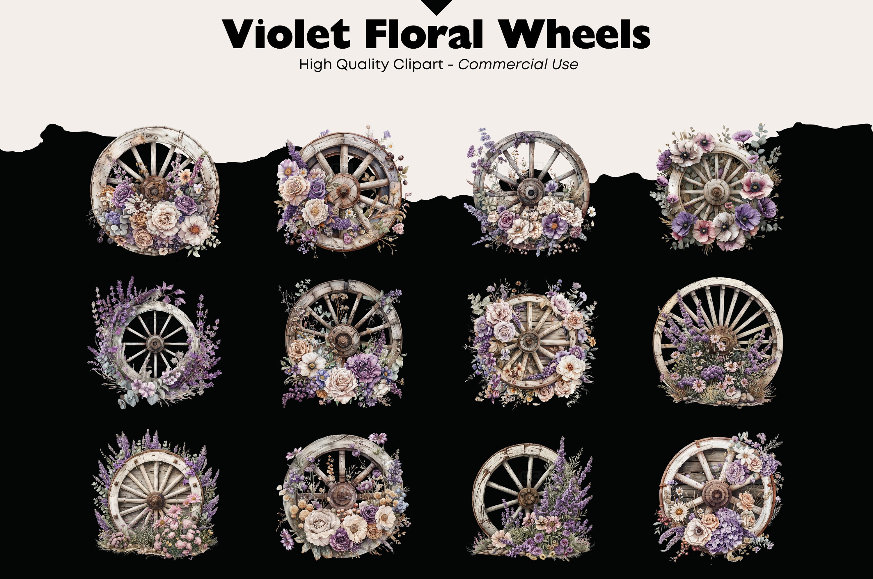Violet Floral Wheels Clipart, Western Watercolor, Rustic Wheel PNG ...