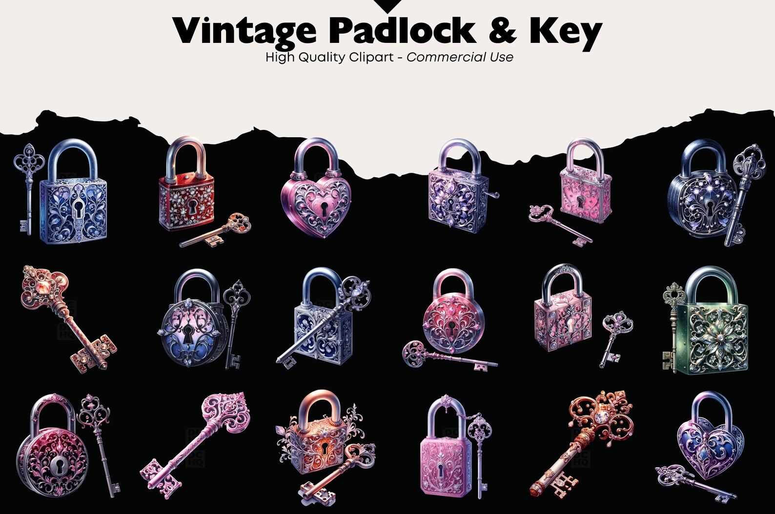 Vintage Padlock Clipart Bundle, Watercolor Lock and Key PNG, Victorian ...