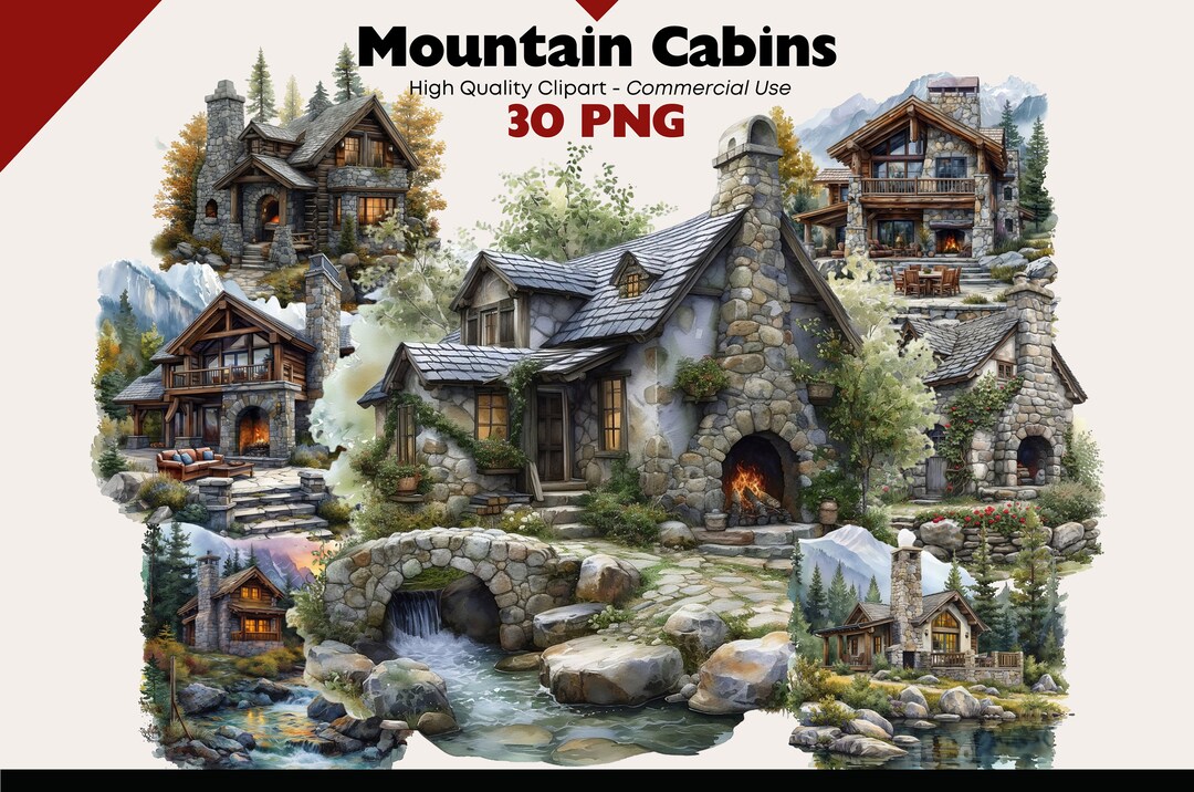 Rustic Mountain Cabins Clipart Bundle, Forest Cottage Watercolor, Stone House Printables ...