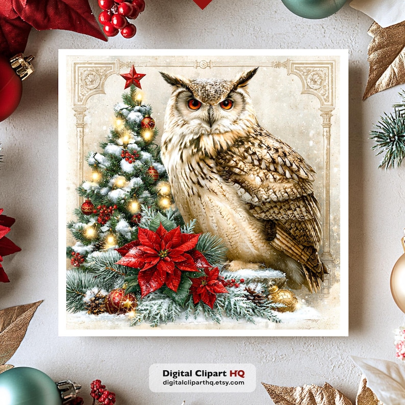 JPEG Watercolor Christmas Owl Clipart, Printable JPG Vintage Christmas ...