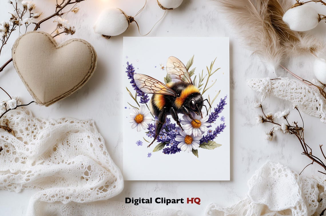 Watercolor Bees and Lavender Clipart Bundle Floral Honeybee PNG for ...
