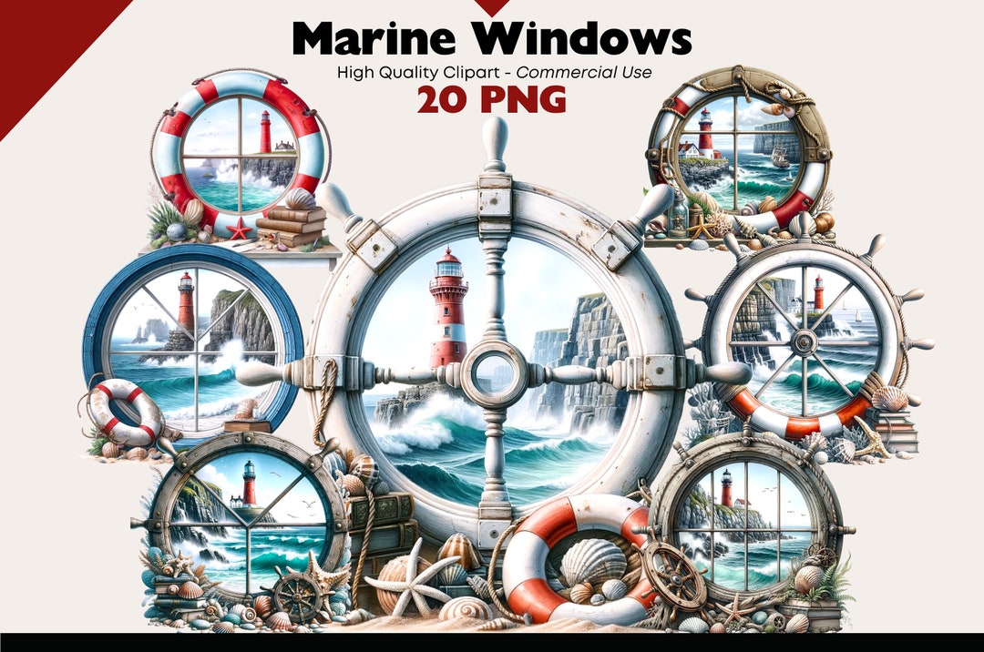 Marine Windows Clipart Bundle, Fantasy Ocean View Watercolor, Nautical ...