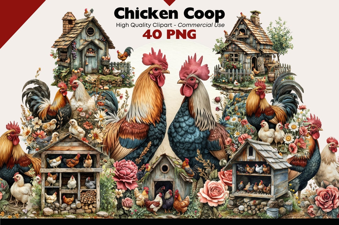 Chicken Coop Clipart Bundle, Spring Chicken Watercolor, Chicken Farm ...