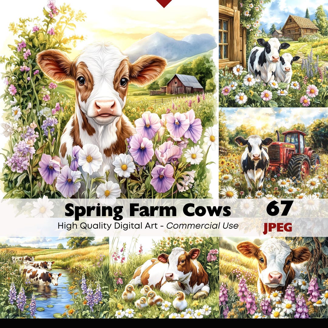 JPEG Watercolor Spring Cow Clipart Set, Printable JPG Farm Cow ...