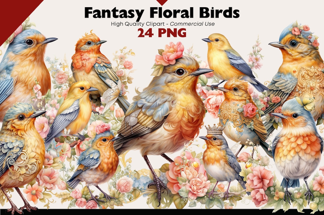 Vintage Birds Clipart Bundle, Fantasy Birds Watercolor, Floral Bird ...