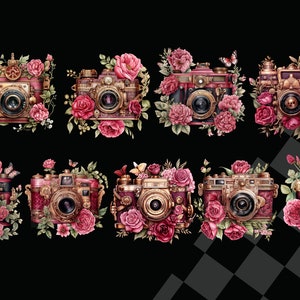 Vintage Camera Clipart Bundle, Pink Floral Camera Watercolor PNG, Retro ...