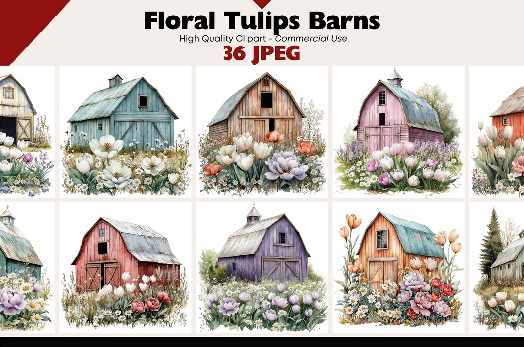 36 Floral Pastel Barn Scenery JPEG Graphics Commercial Use Countryside ...