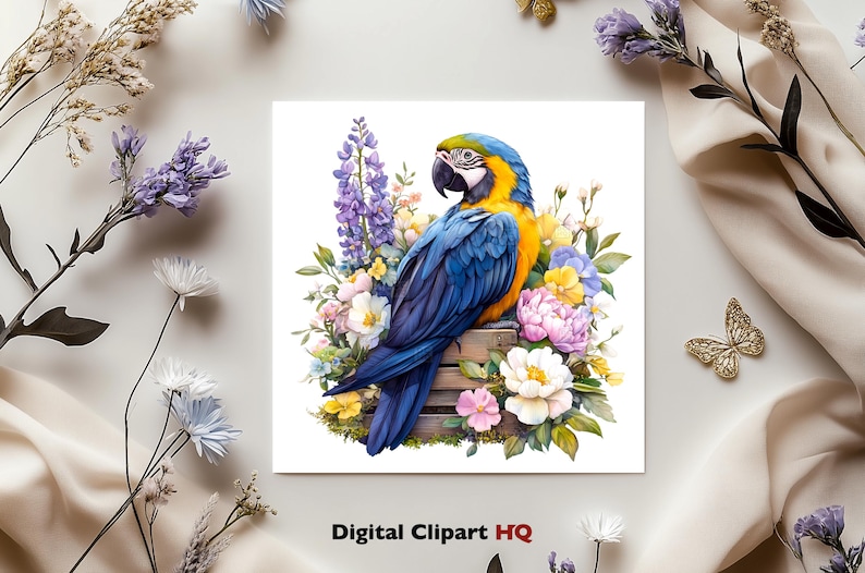 Floral Blue Macaw Clipart PNG JPEG Bundle, Tropical Parrot Botanical ...