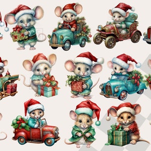 Cute Christmas Mouse Clipart, Mice in Car Watercolor, Christmas Gift ...
