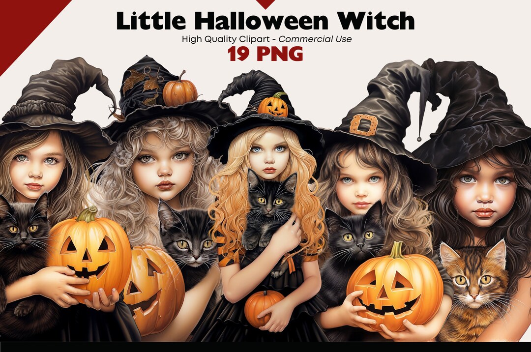 Little Halloween Witch Clipart Bundle, Cat Witch PNG, Cute Witch ...