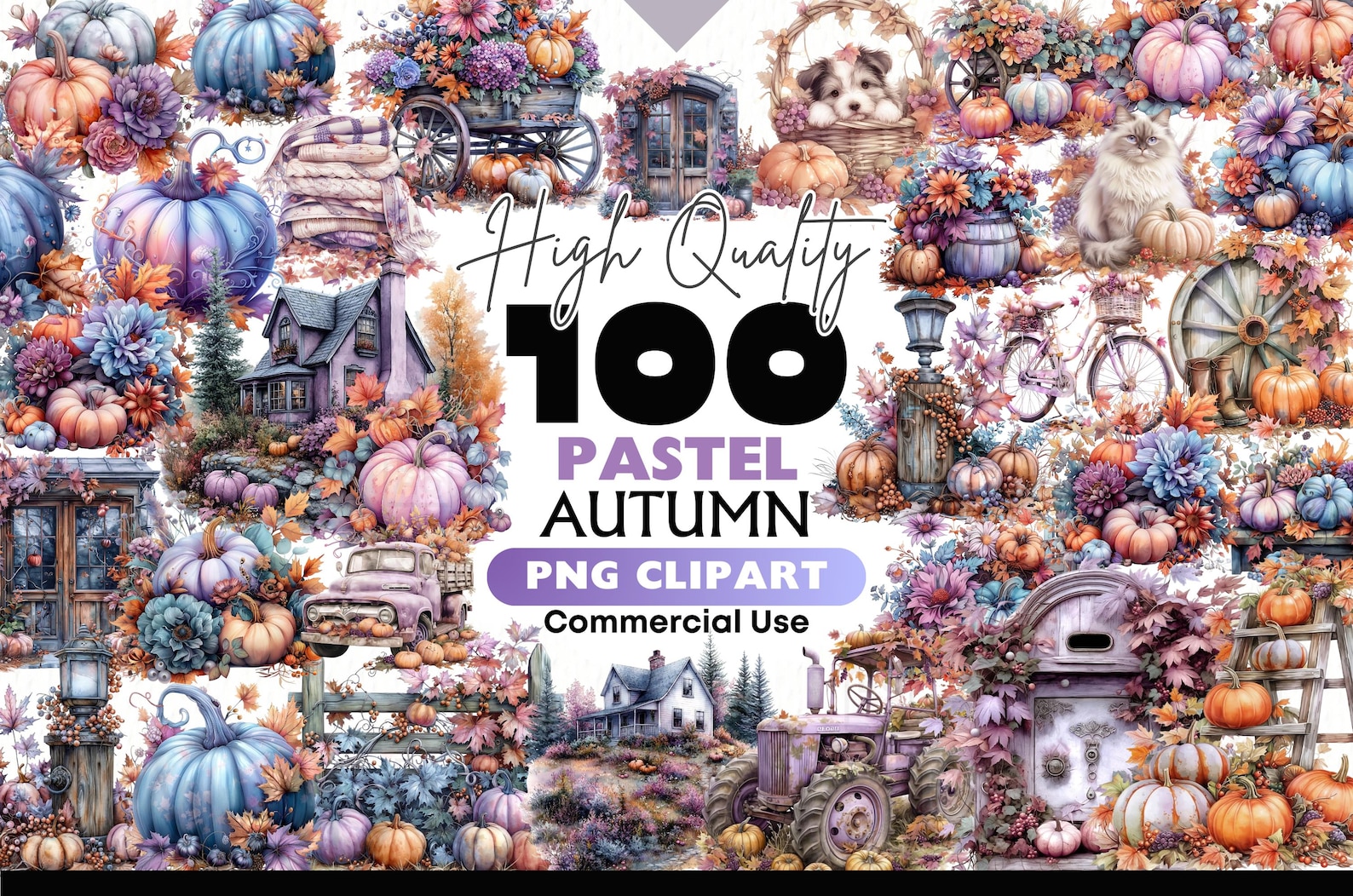 Pastel Autumn PNG Clipart Big Bundle Watercolor Pastel Halloween PNG ...