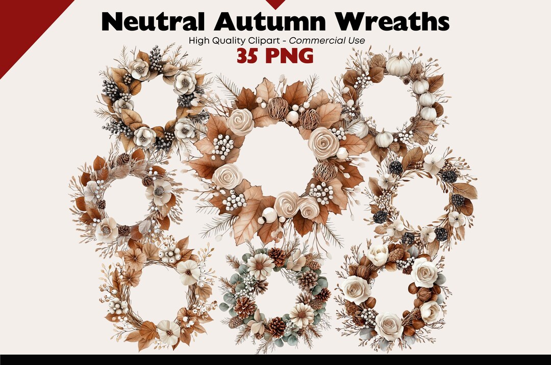 Neutral Autumn Wreaths Clipart PNG Beige Fall Floral Wreath ...