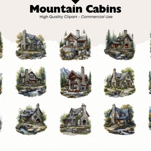 Rustic Mountain Cabins Clipart Bundle, Forest Cottage Watercolor, Stone House Printables ...