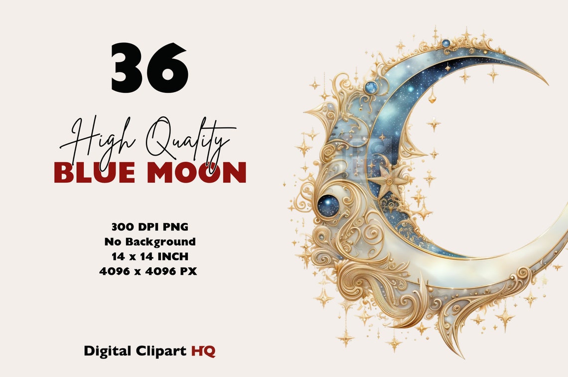 Blue Moon Clipart Set, Whimsical Moon Wall Art, Silver Moon Watercolor ...