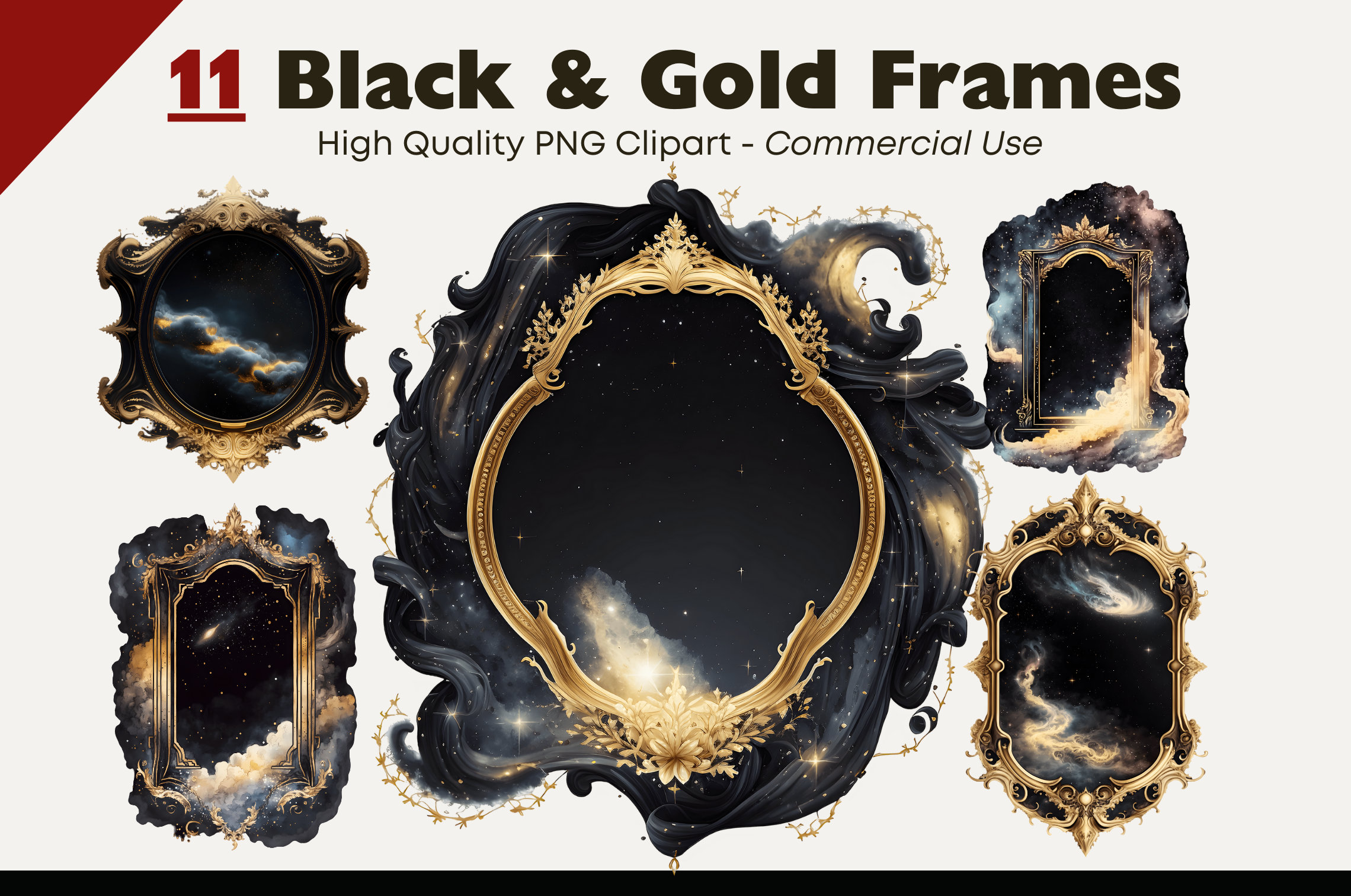 Black and Gold Celestial Frame Clipart Bundle, Magical Witch Clipart ...