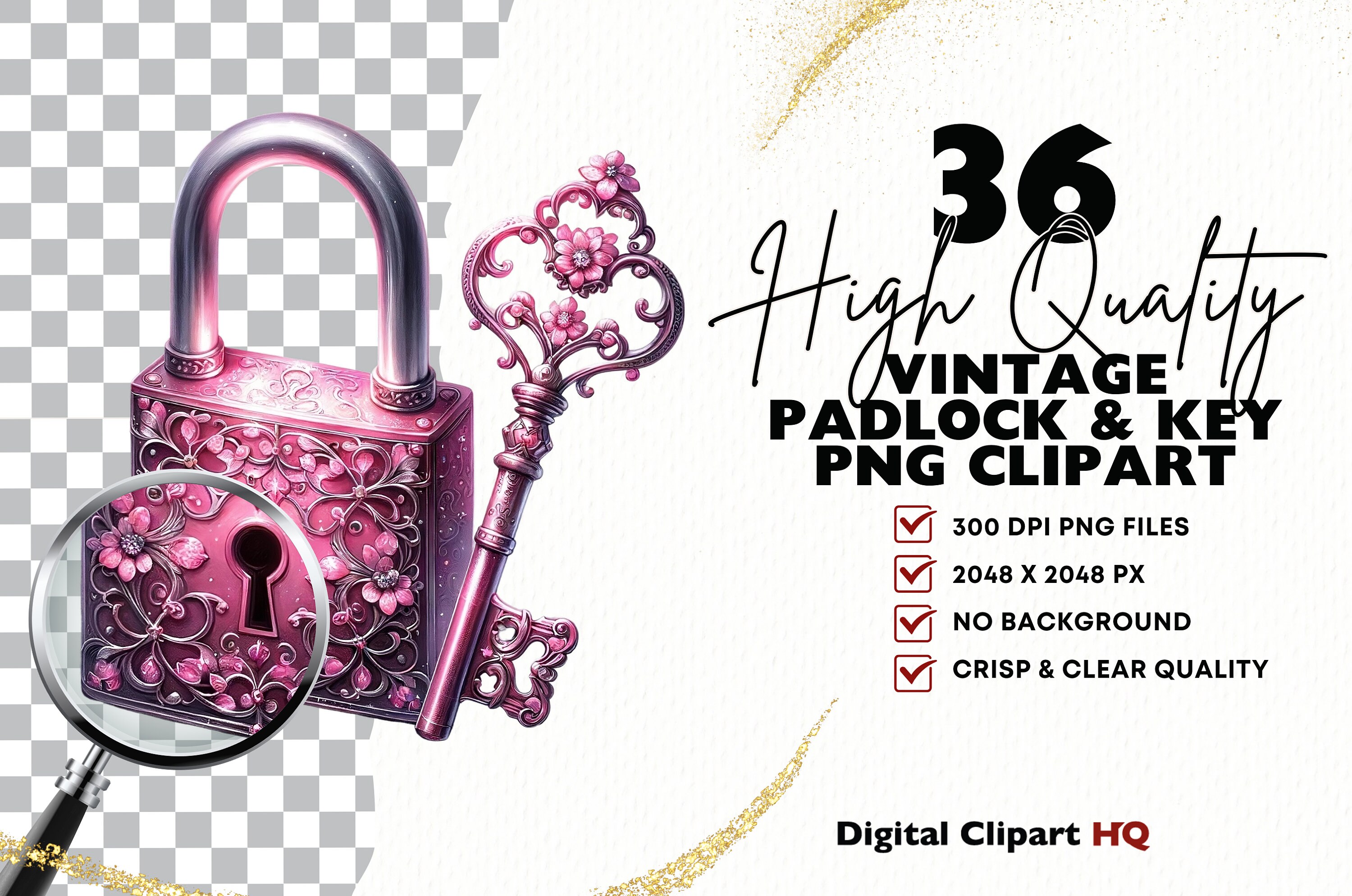 Vintage Padlock Clipart Bundle, Watercolor Lock and Key PNG, Victorian ...