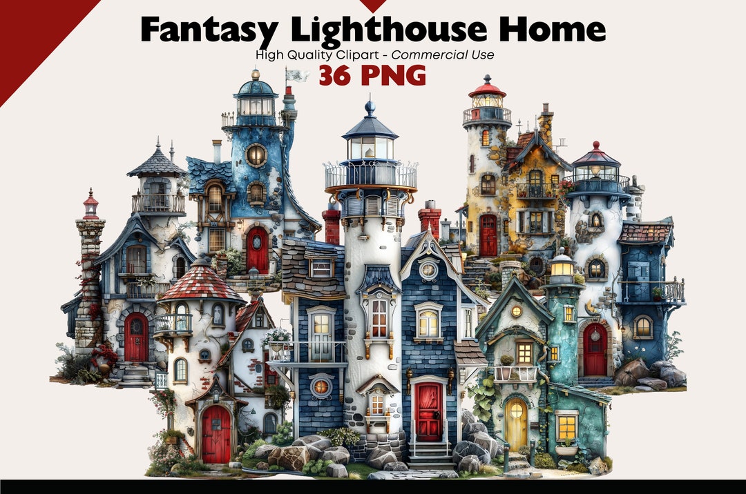 Fantasy Lighthouse Clipart Bundle, Rustic Lighthouse Home Watercolor ...