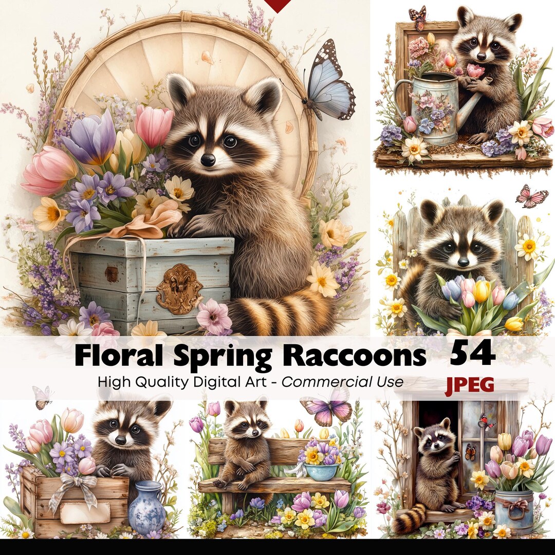 Vintage Spring Raccoons – Printable 54 JPEG Clipart (woodland, Cottage ...