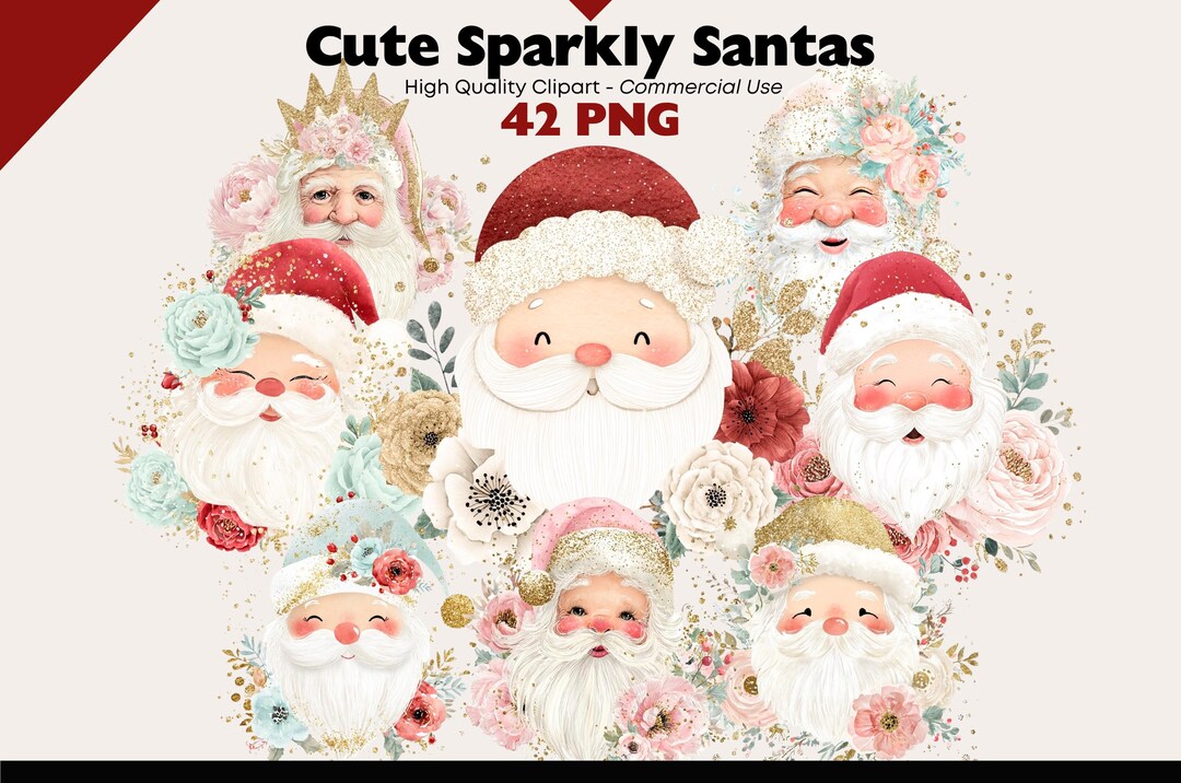 Cute Sparkly Santa Clipart, Glitter Christmas PNG Bundle, Pastel ...