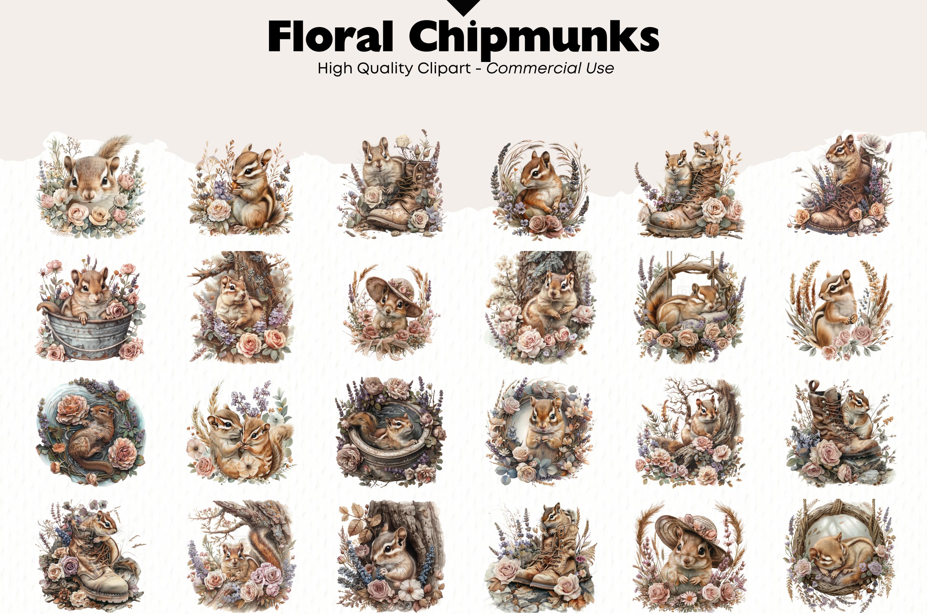 Floral Chipmunk Clipart Bundle Forest Animals Watercolor Wildlife Png ...