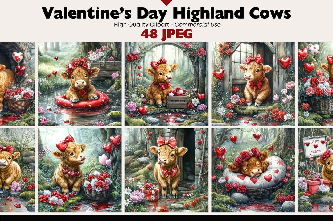 Valentine Highland Cow Clipart, Cute Valentine Farm Animals, Romantic ...