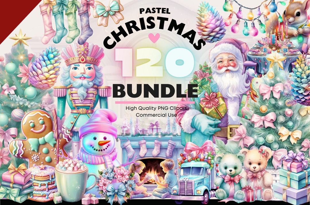 Pastel Christmas PNG Clipart Big Bundle, Watercolor Pastel Christmas ...
