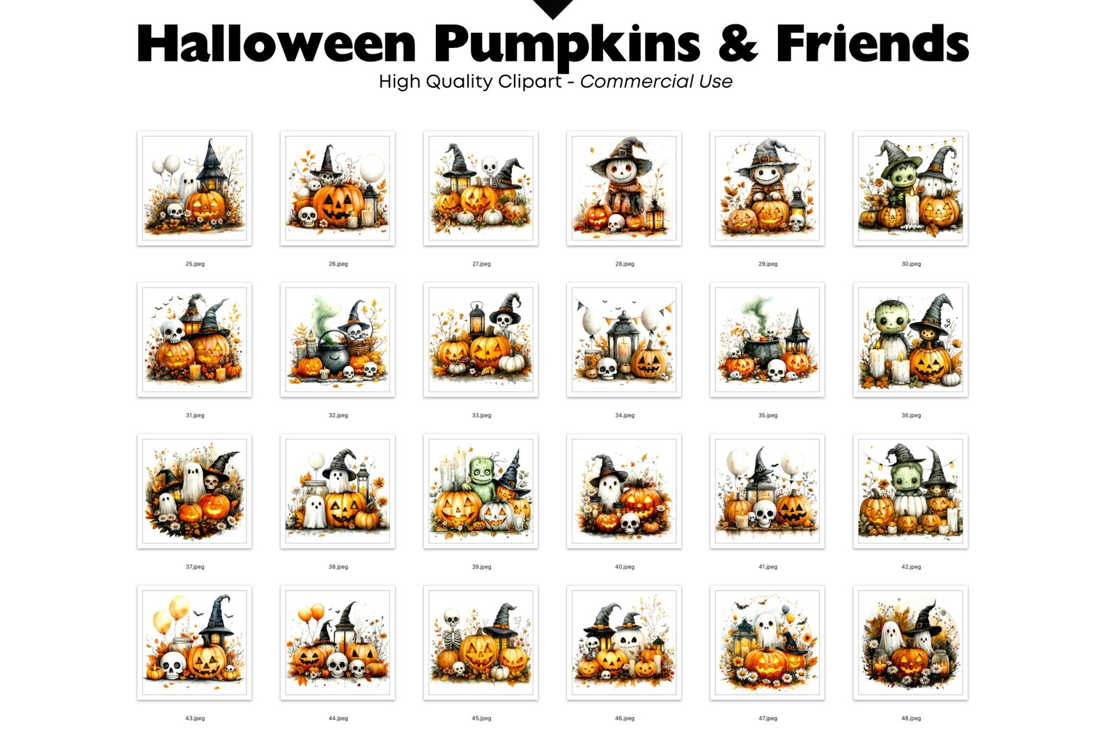 Halloween Pumpkins and Friends Clipart Cute Spooky Scene Illustrations ...