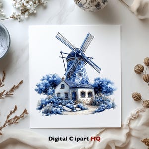 Delft Blue Windmill Clipart Bundle Vintage Floral Blue Delft Style ...