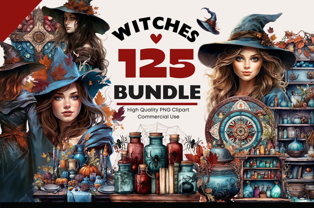 Whimsical Witch Clipart Bundle, Autumn Witches PNG, Mystical Watercolor ...