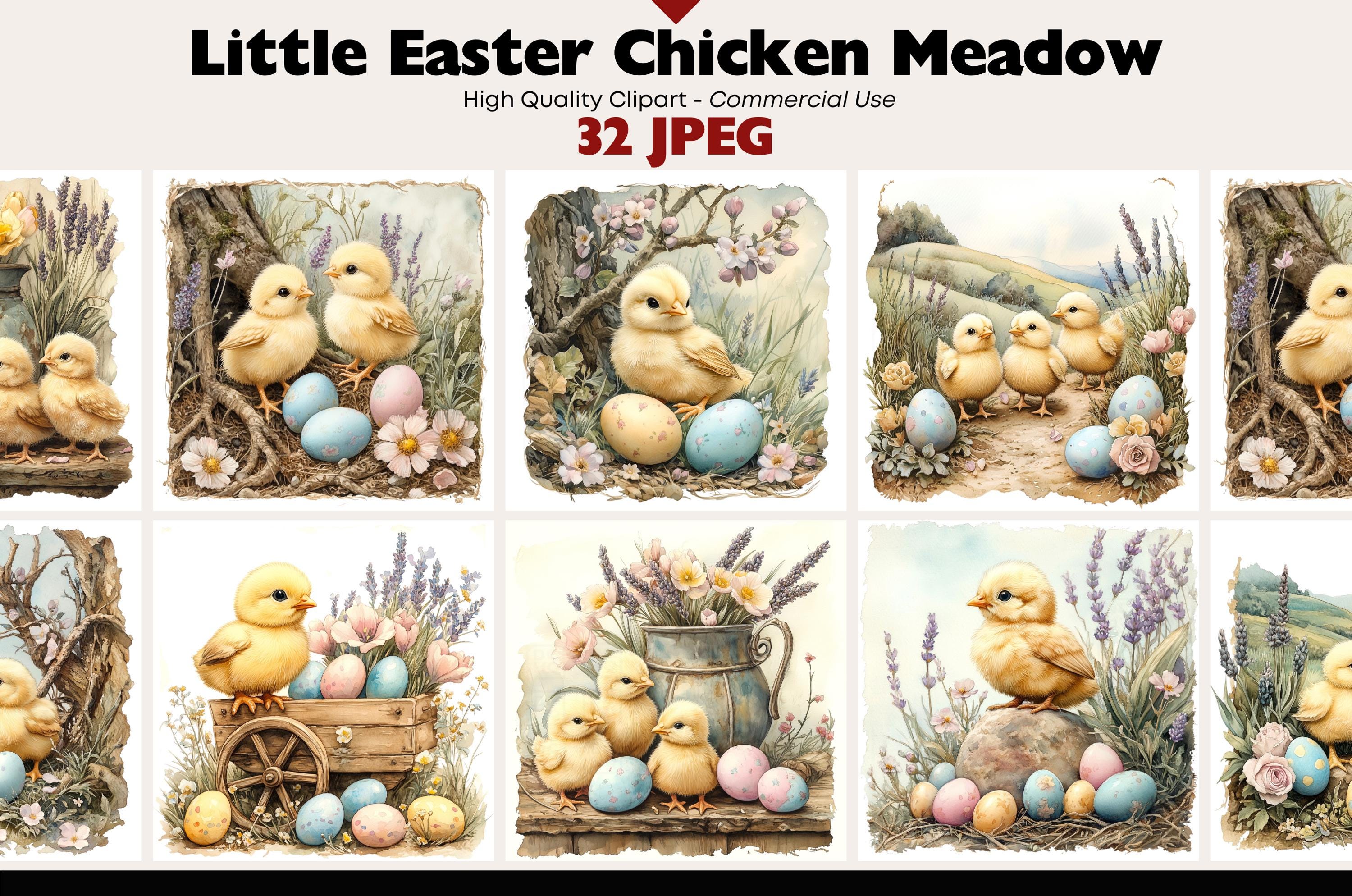 Easter Chick Meadow Clipart, Spring Farm Baby Chickens, Pastel Egg ...