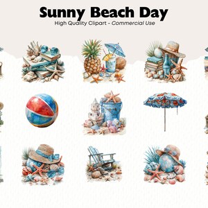 Sunny Beach Day Clipart Bundle Cute Beach Illustrations Watercolor ...