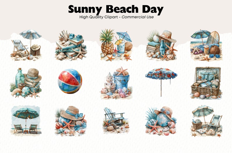 Sunny Beach Day Clipart Bundle Cute Beach Illustrations Watercolor Beach Scenes Digital Download ...