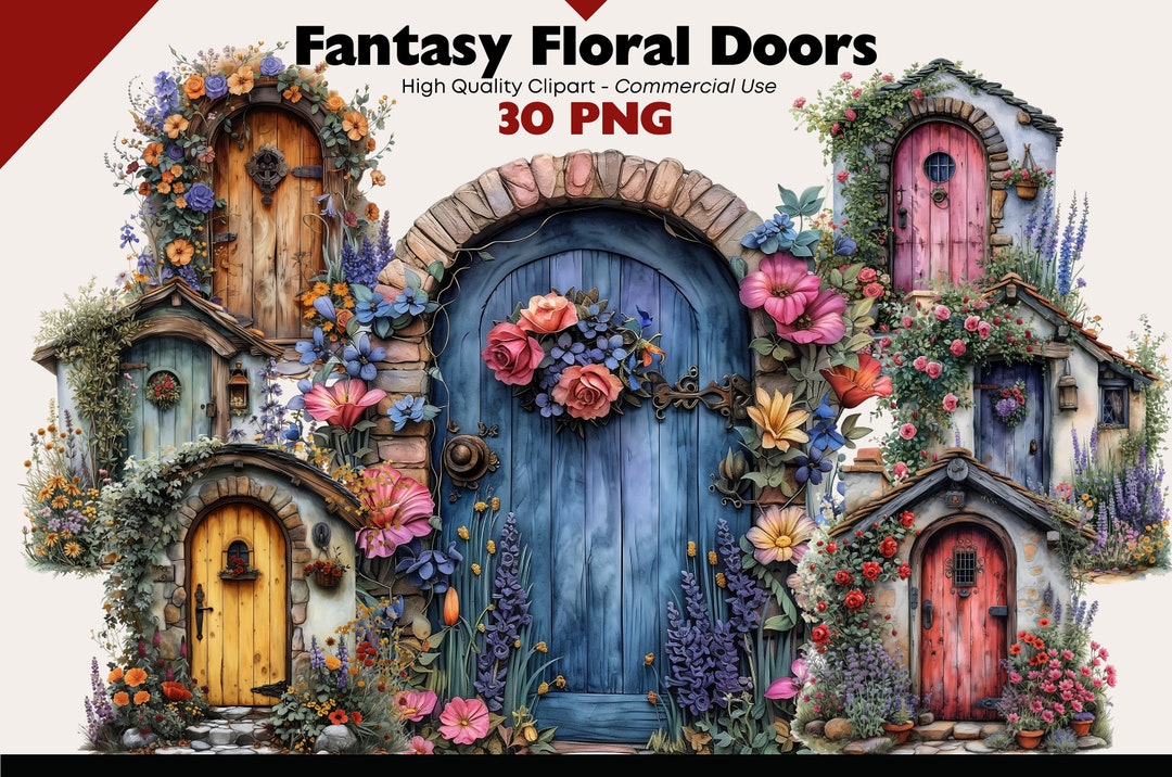 Fantasy Floral Door Clipart Bundle, Magical Entrance Watercolor, Cute ...